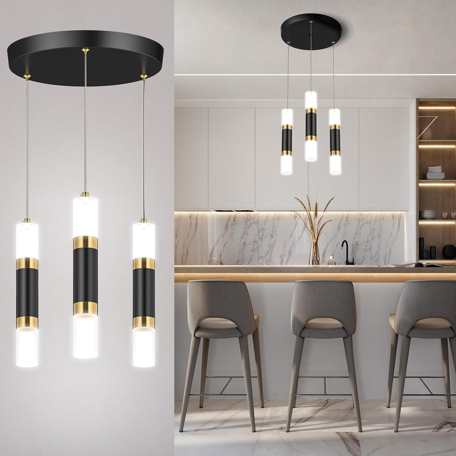Modern LED Pendant Lights Kitchen Island 3 Light Black Gold Mini ...