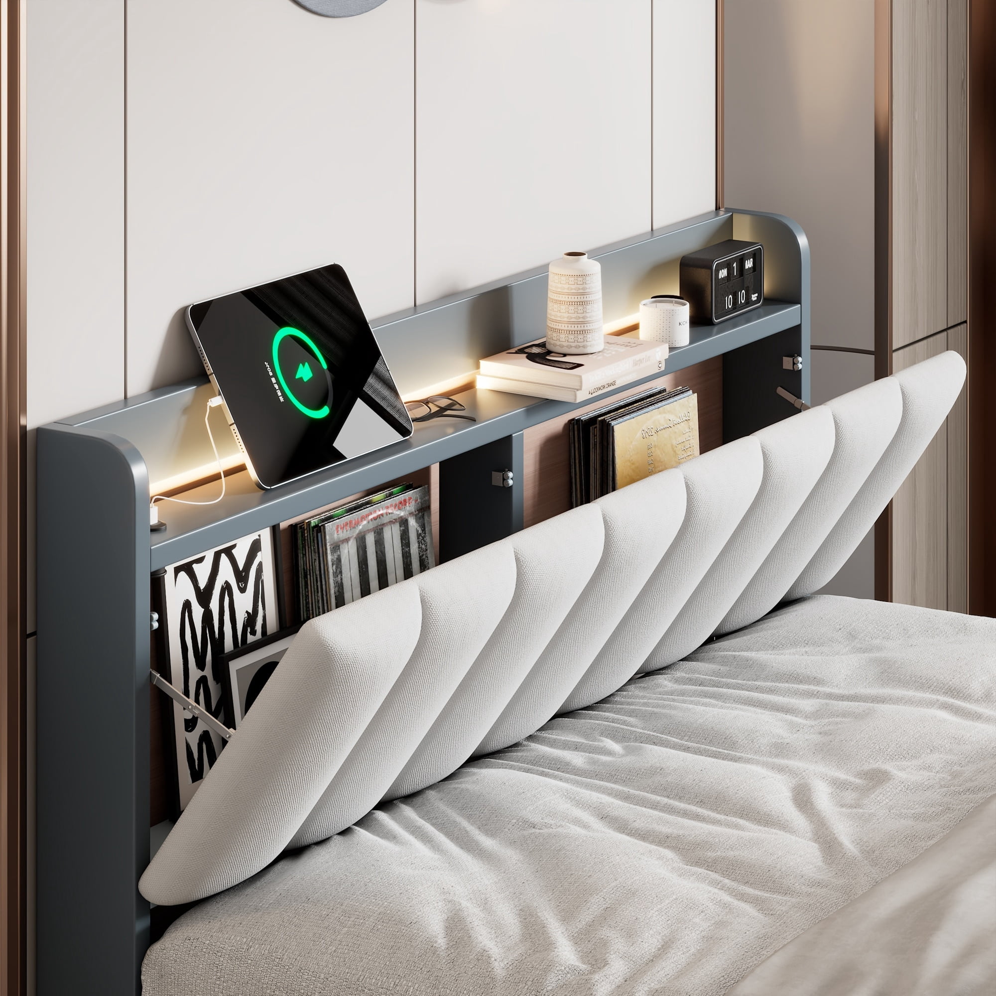Modern LED Platform Bed with USB Charging Station and Storage for Queen ...