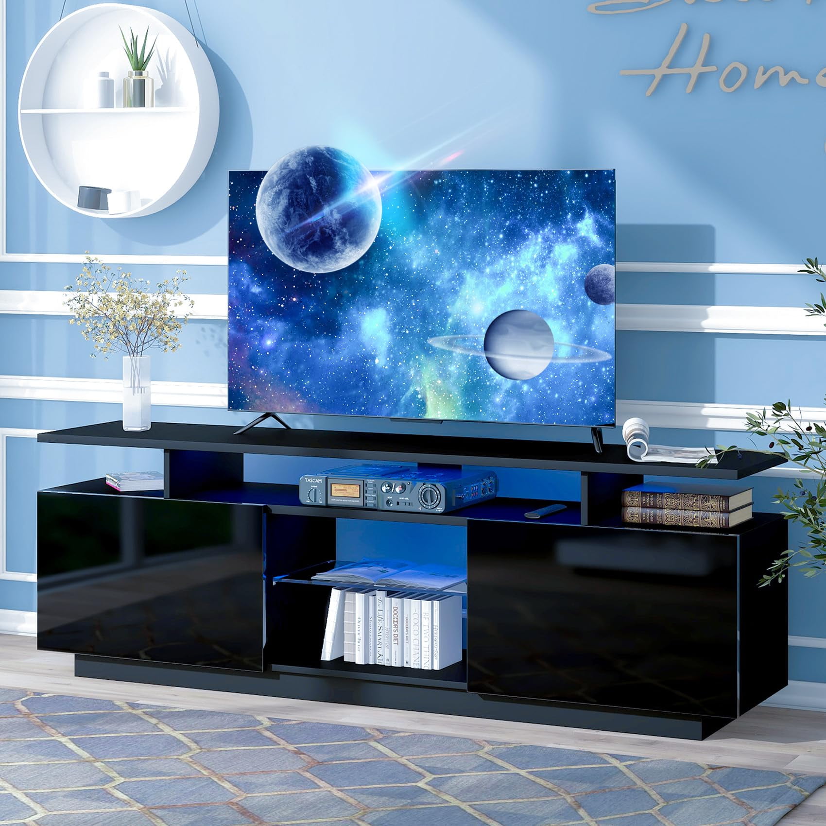 Modern LED TV Stand for 65 inch TV, Black Entertainment Center with LED ...