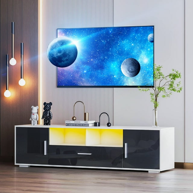 Modern LED TV Stand for 70 inch TV, Black Entertainment Center with LED ...