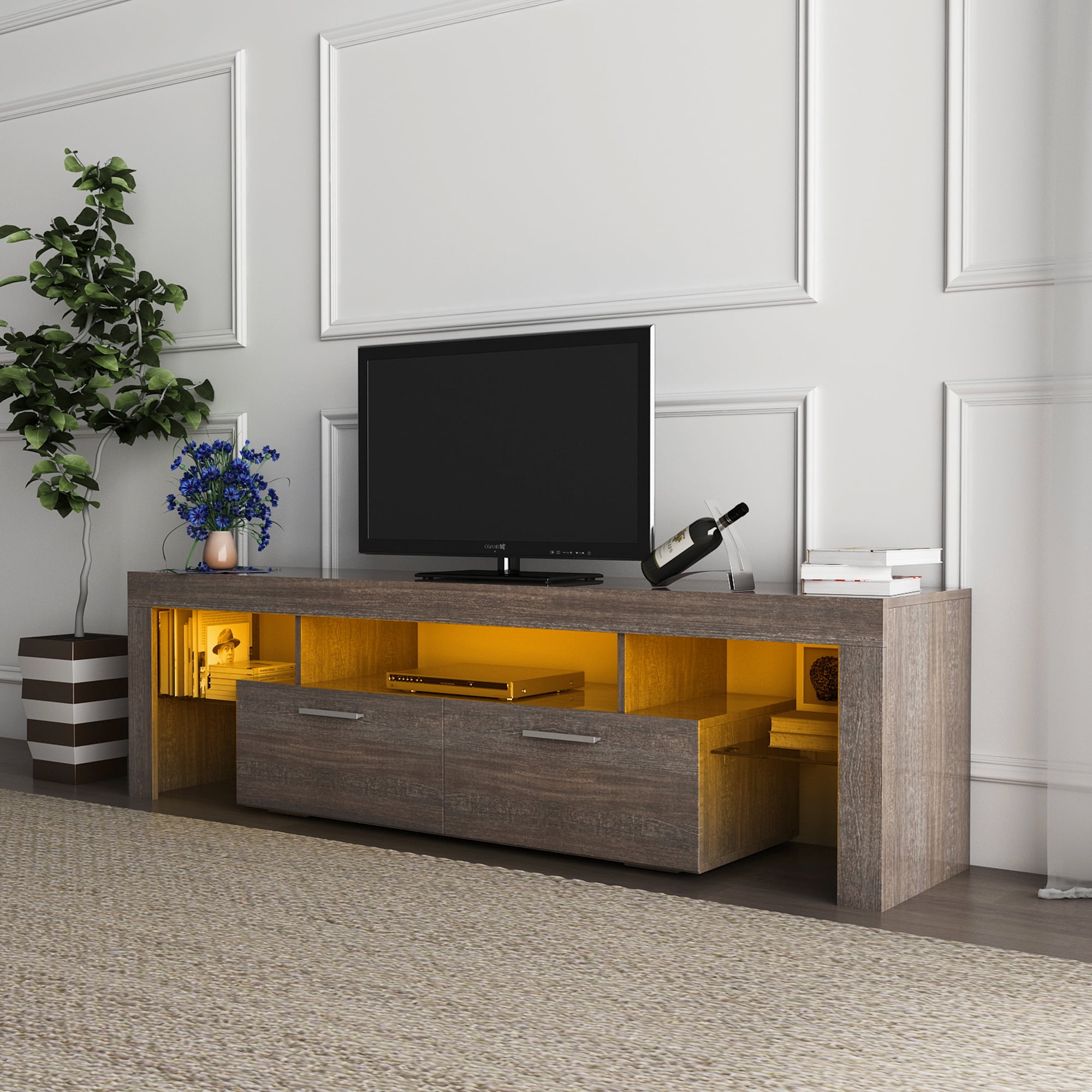 Modern LED TV Stand for TVs Up to 70 inch, Wood Freestanding ...