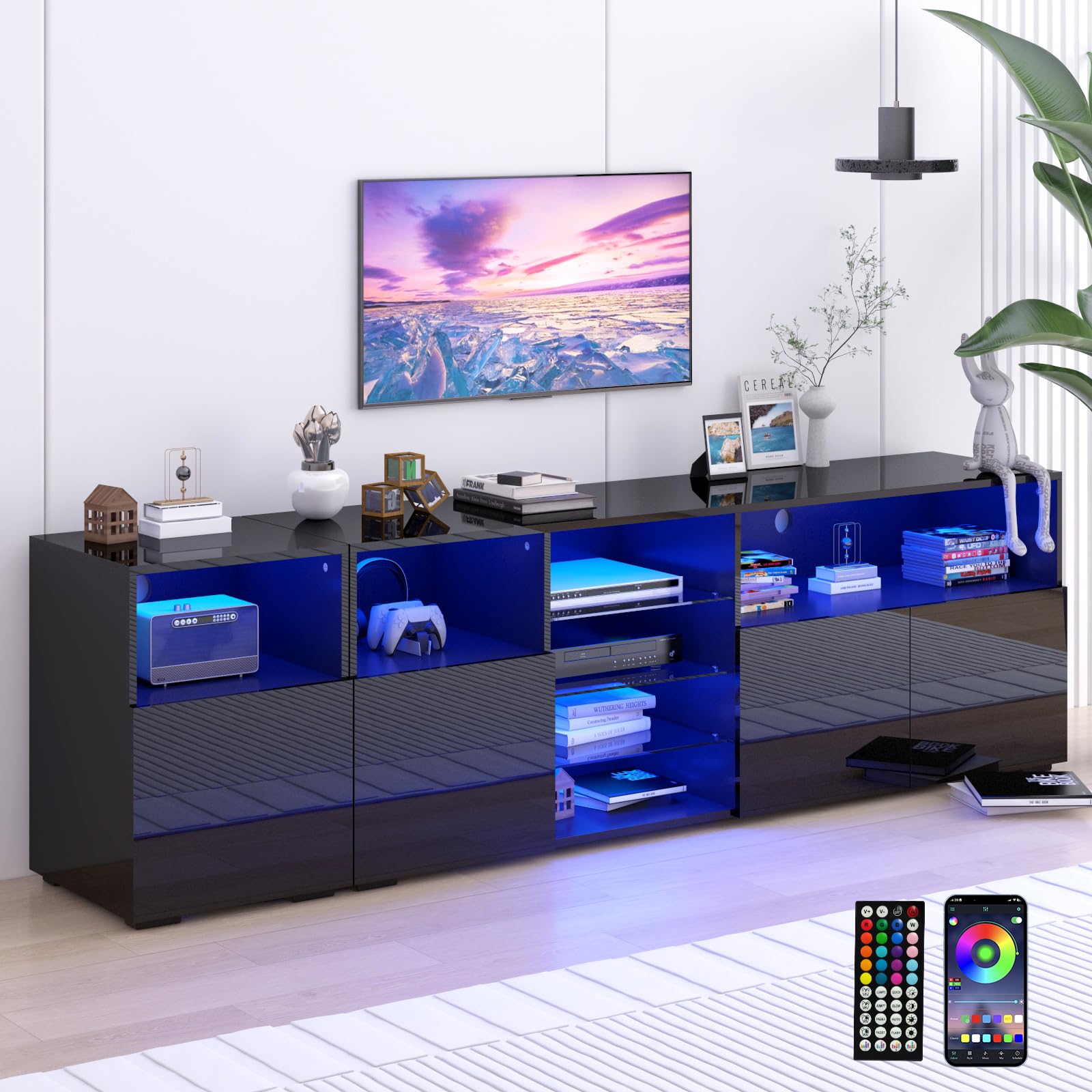 Modern LED TV Stand for 85 75 65 Inch TVs, High Gloss Entertainment ...