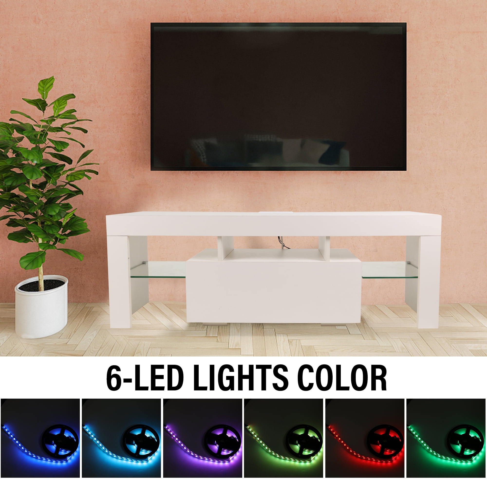 Modern LED TV Stand for Televisions up to 70 Inch with Glass Shelves ...