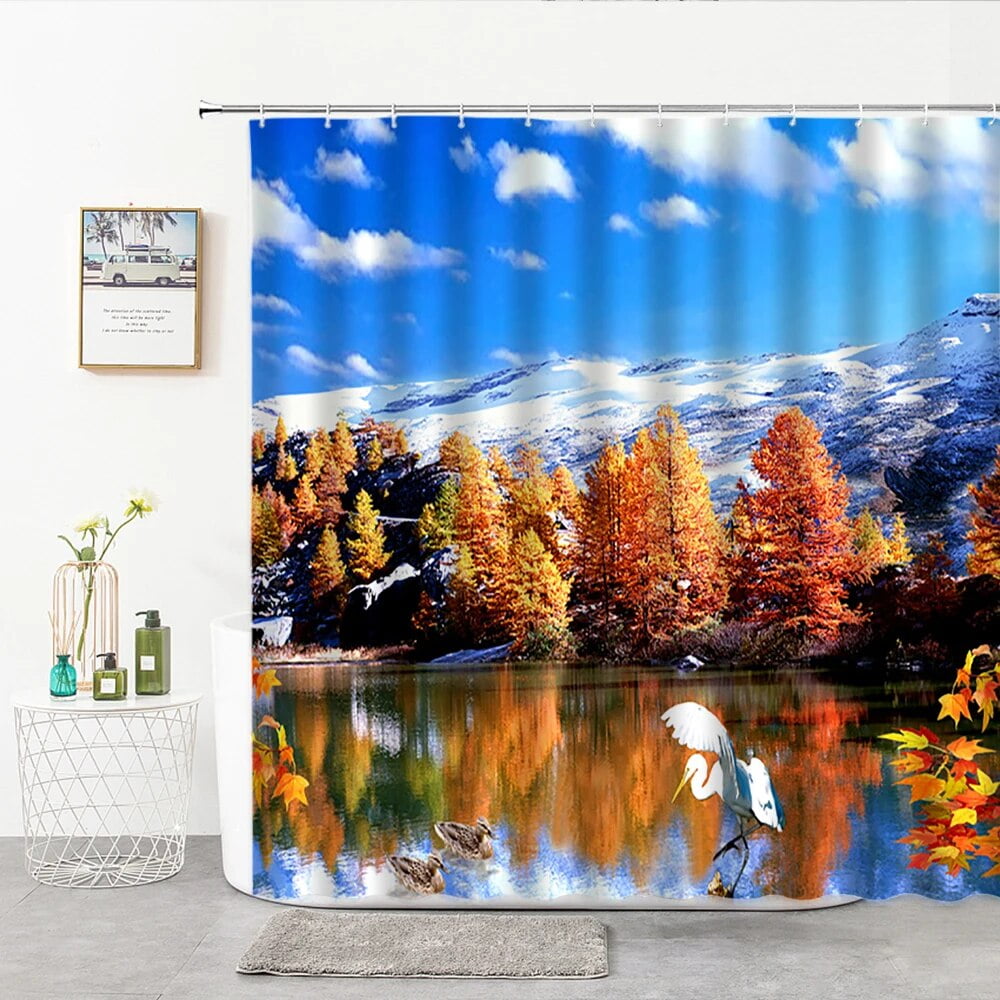 Modern Landscape Shower Curtain 3D Snow Mountain Maple Forest Painting ...