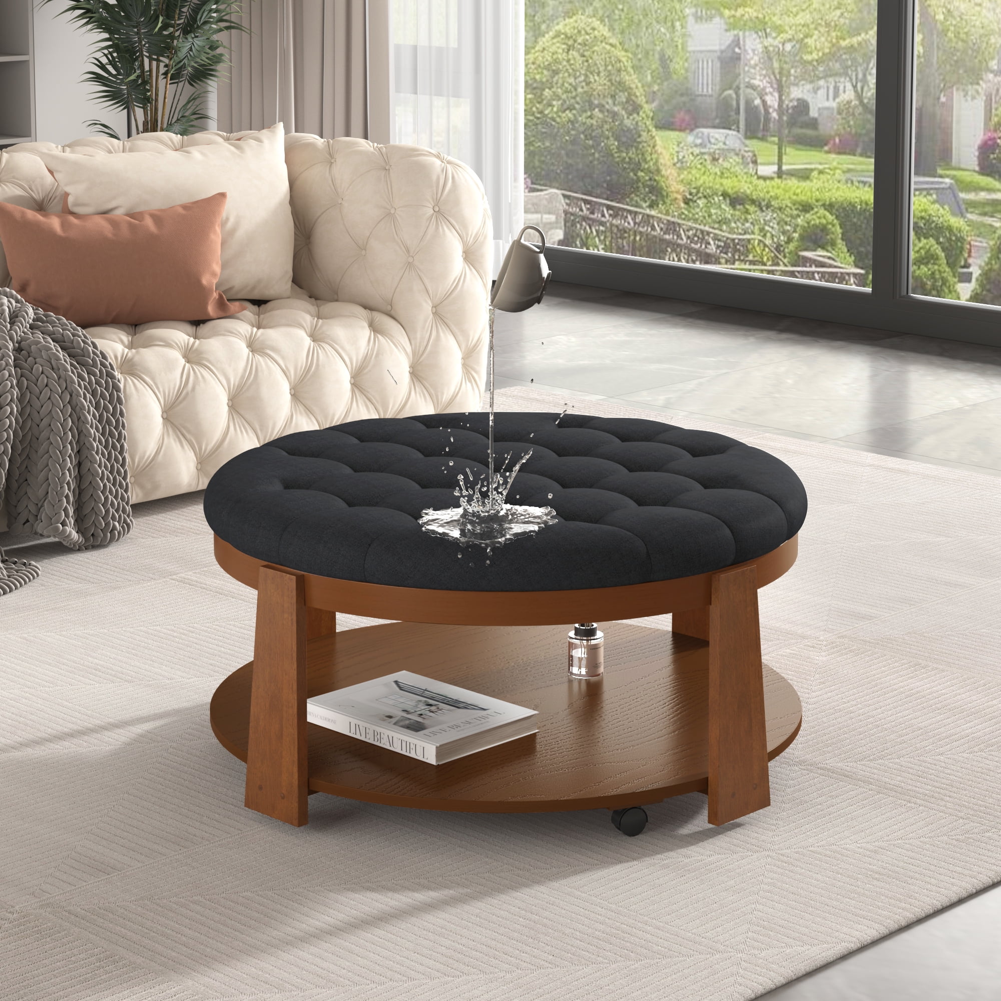 Modern Large Round Ottoman Coffee Table 2-Tier, Upholstered Button ...