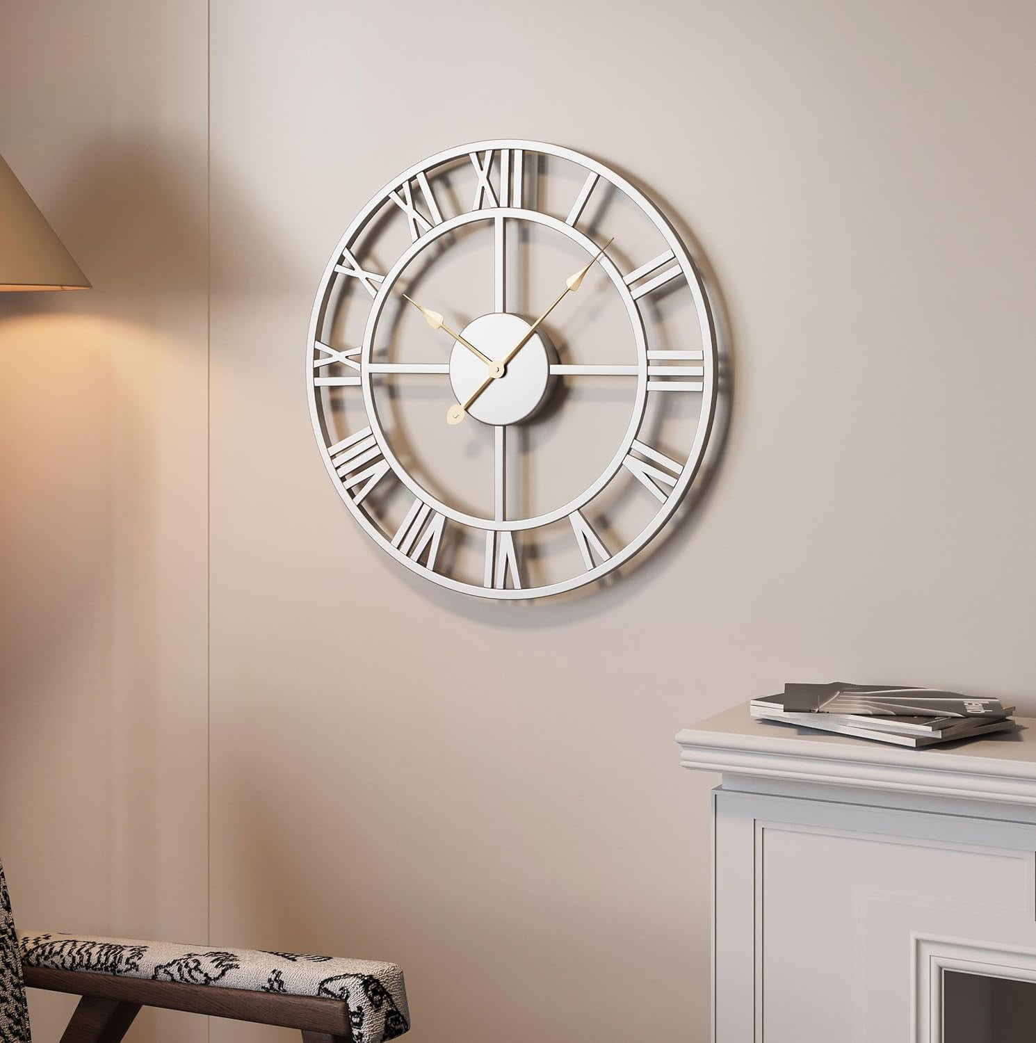 Modern Large Wall Clock, 16 inch Silver Decorative Metal Clock Silent ...