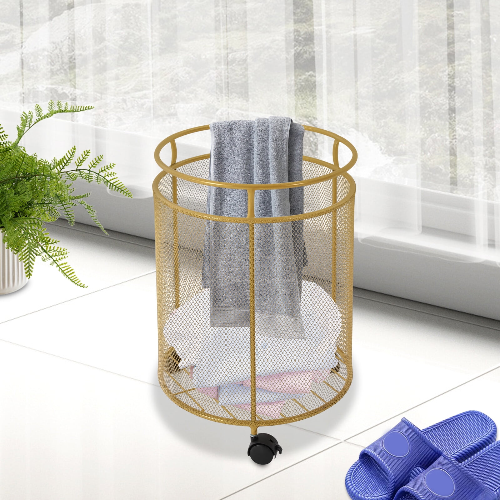 Modern Laundry Hamper on Wheels, 14.17in Round Gold Frame, Ventilated ...