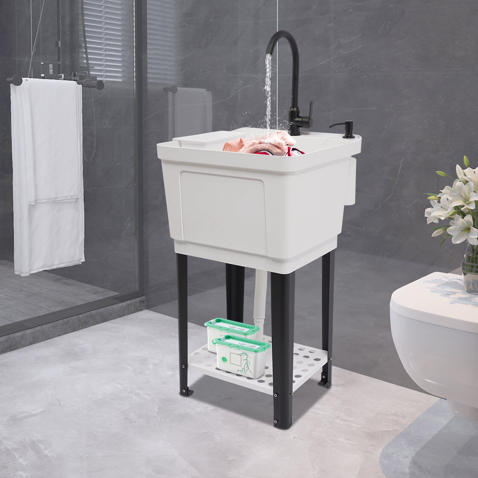 Modern Laundry Sink Freestanding Utility Sink White w/ Faucet & Hoses ...