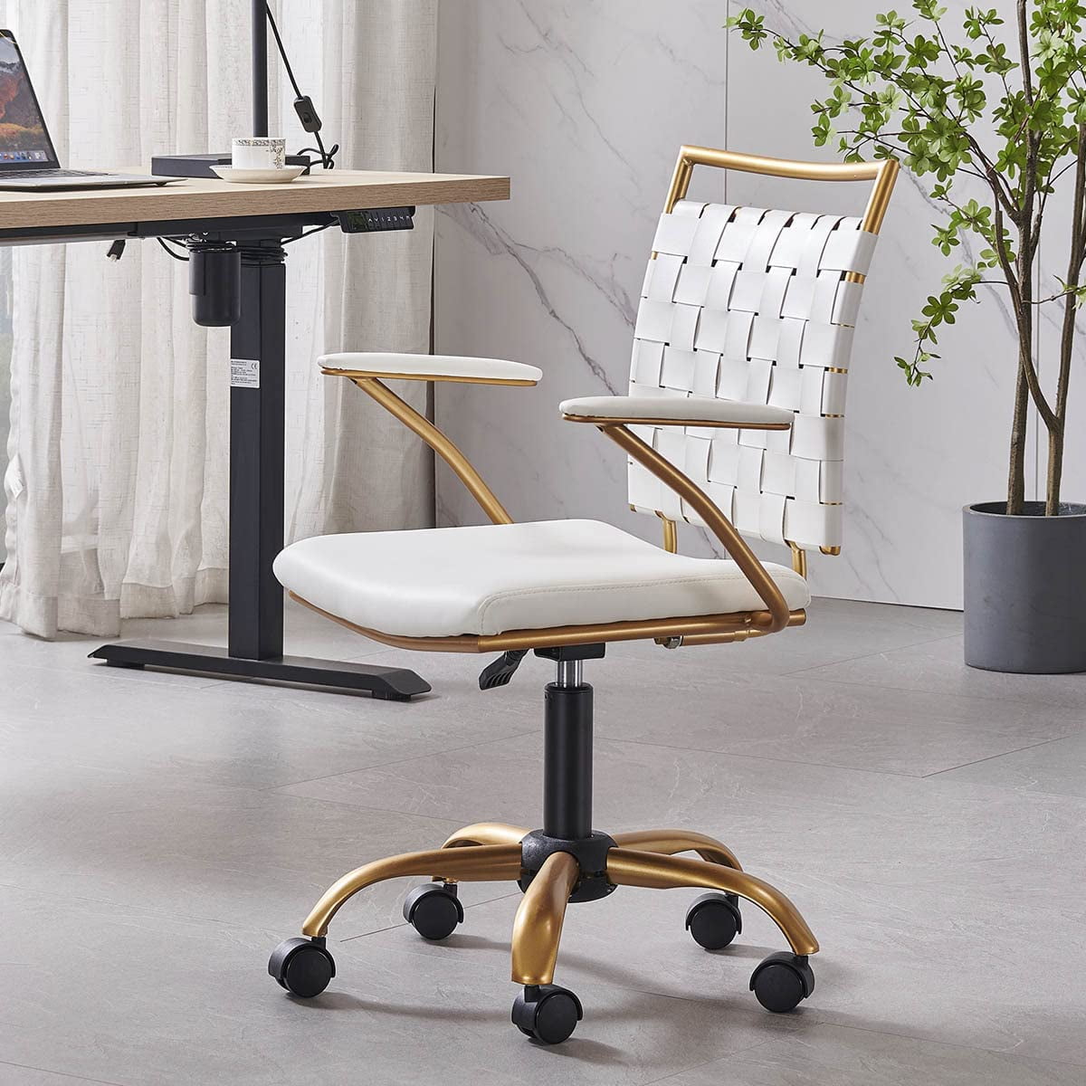Modern Leather Desk Chair White and Gold Office Chairs Mid Back ...