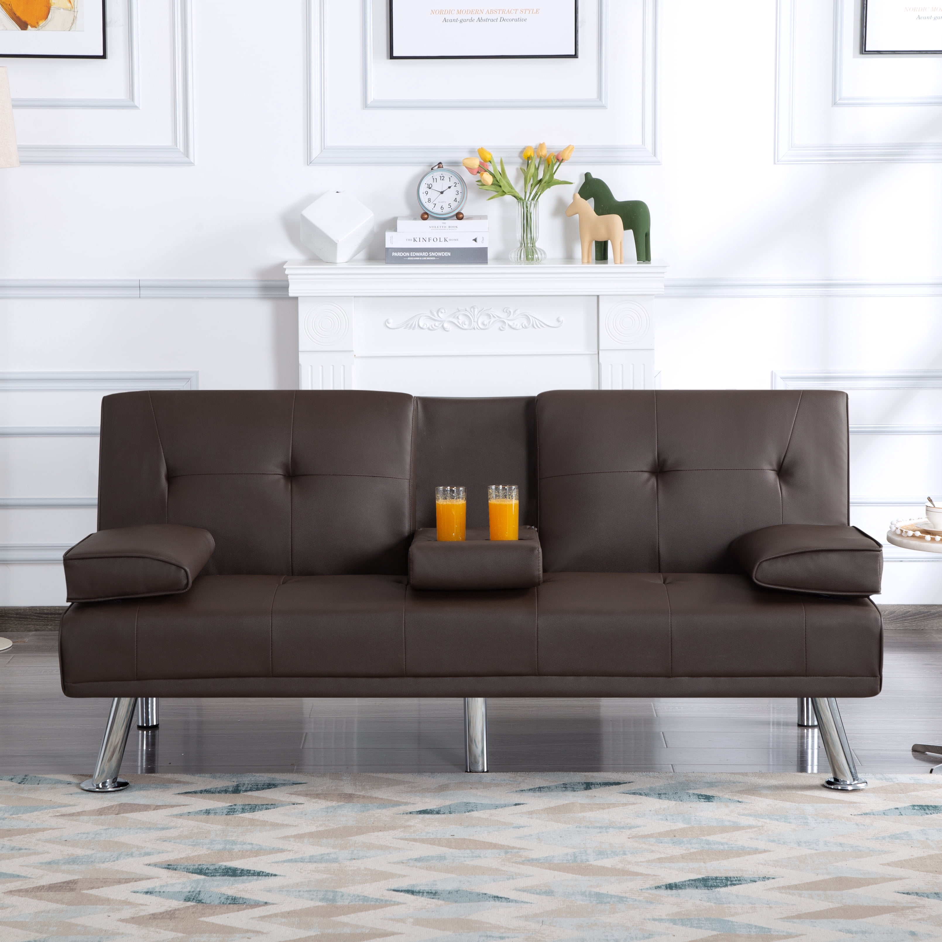 Modern Leather Foam Futon Sofa Bed with Cup Holders and Pillows, Faux ...