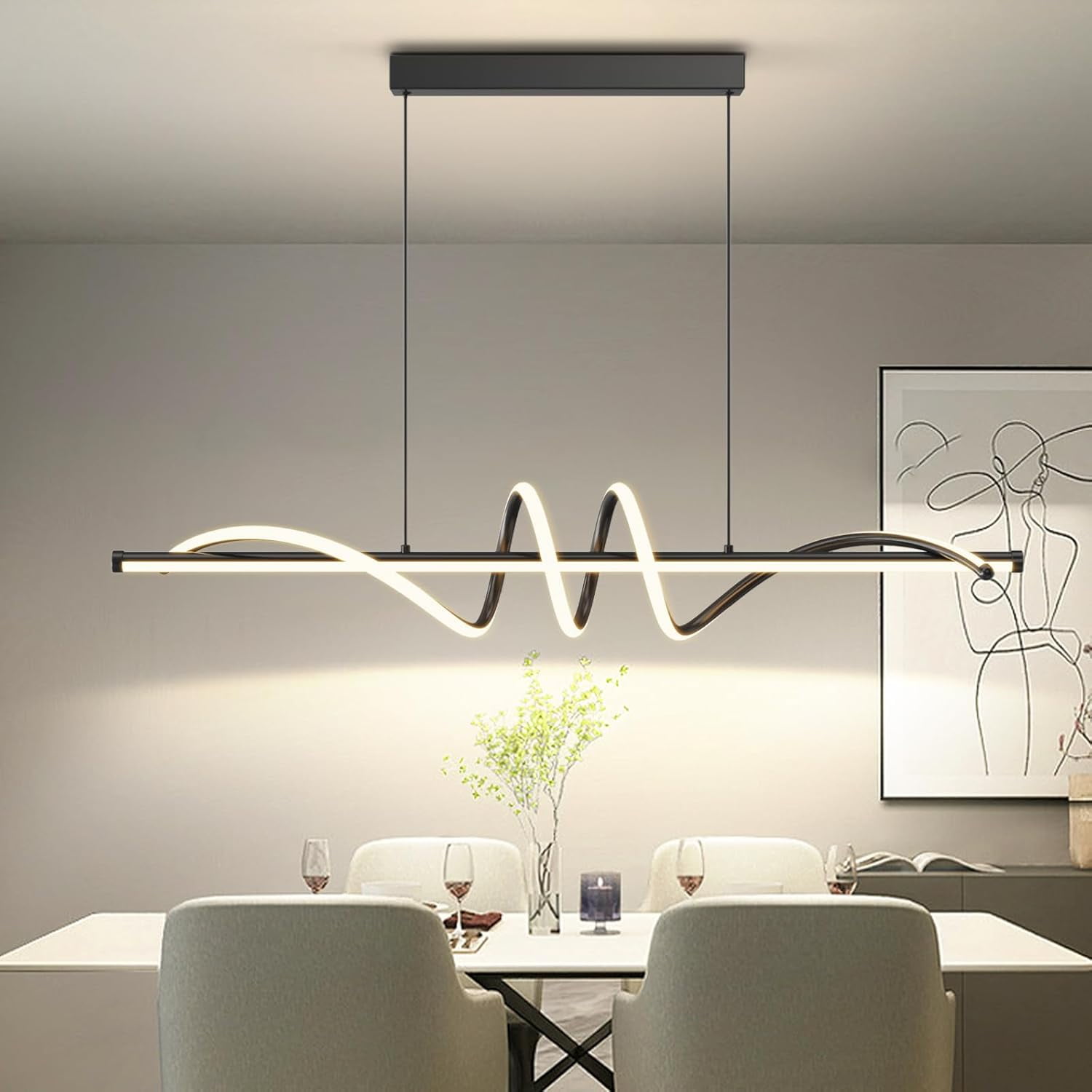 Modern Led Chandelier Dimmable Desk Linear Pendant Light with Remote ...