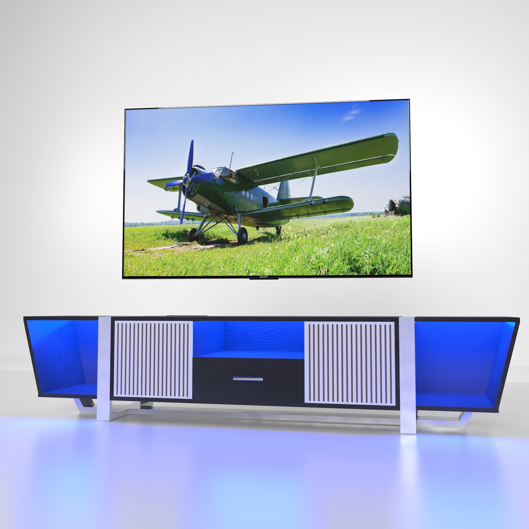 Modern Led Entertainment Center With Large Storage & Black Finish, 73. ...