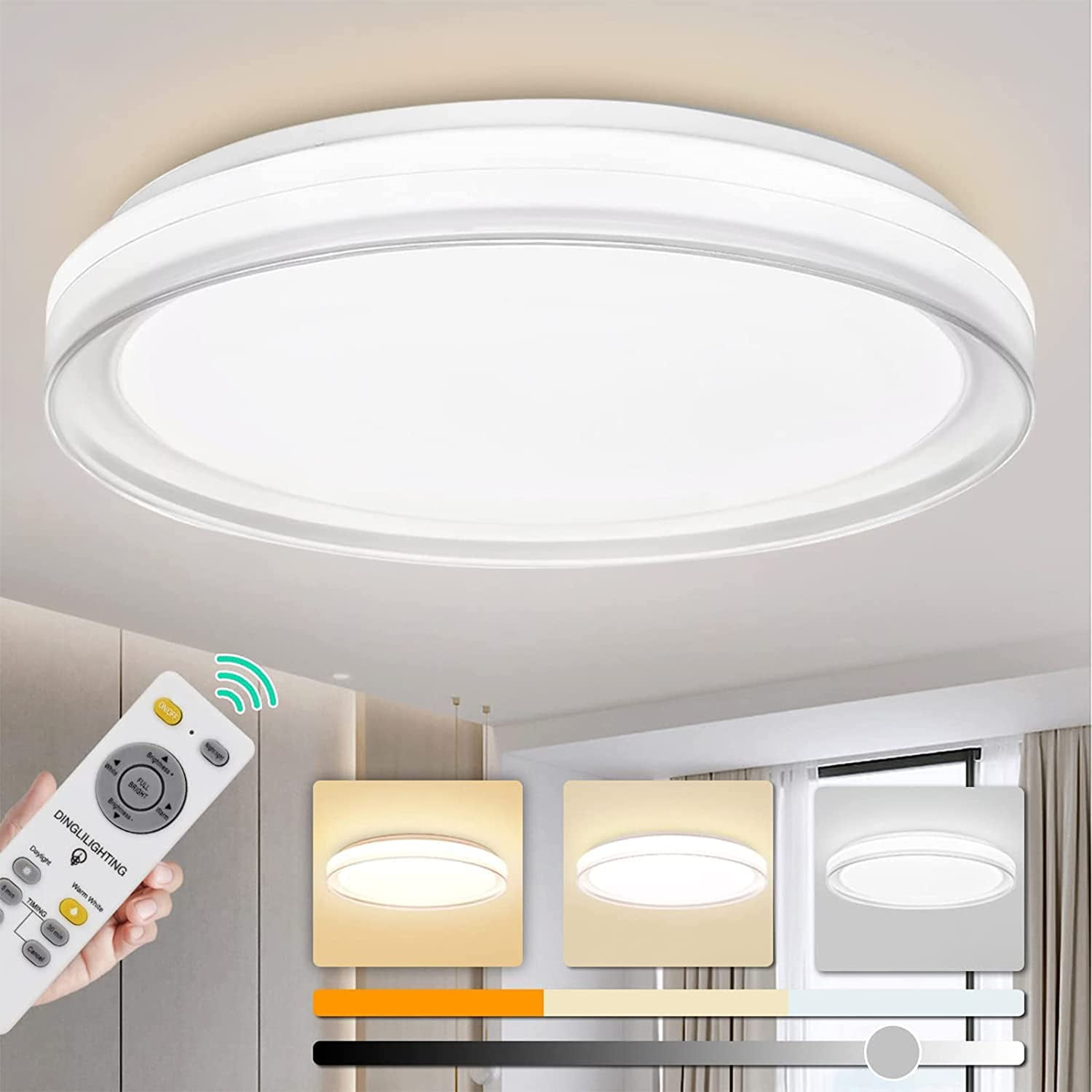 Modern Led Flush Mount Ceiling Light with Remote, 18.9 Inch Round Close ...