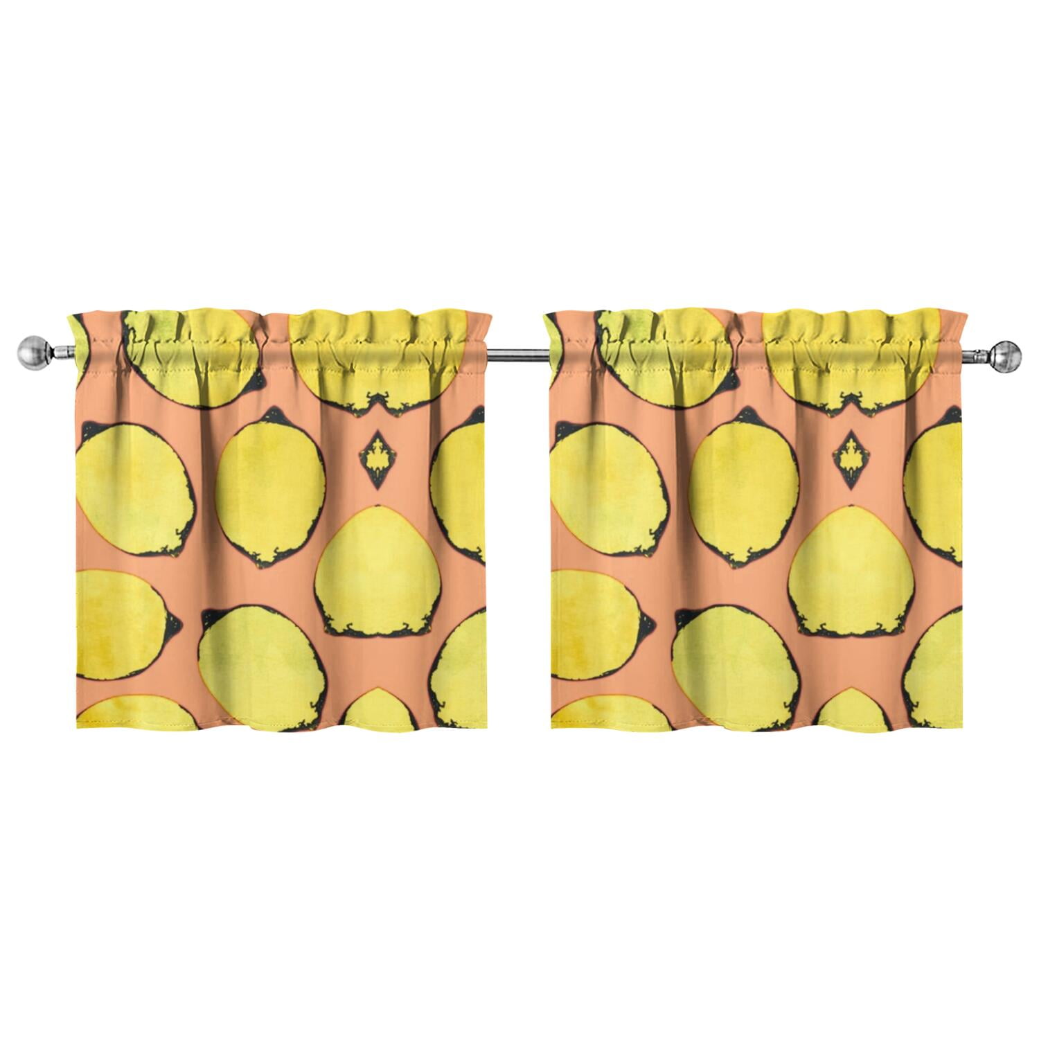 Modern Lemon Print Kitchen Curtains 2 Pack - 27.5x24 Inch Semi-Sheer Caf Curtains, Bright Yellow ...