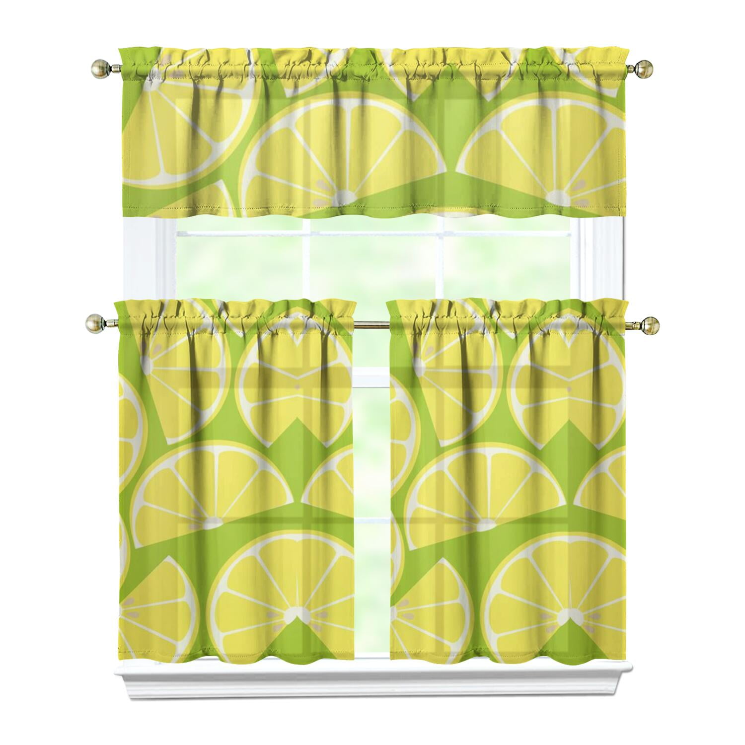 Modern Lemon Print Kitchen Curtains Set - Fresh Spring Floral Tier Curtains, Rod Pocket Design ...