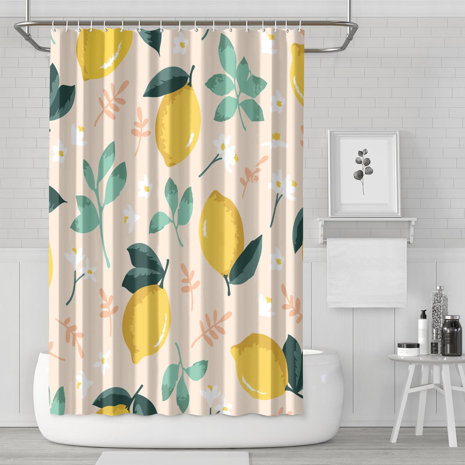Modern Lemon Shower Curtain, Fresh Yellow Fruit Floral Print Waterproof ...