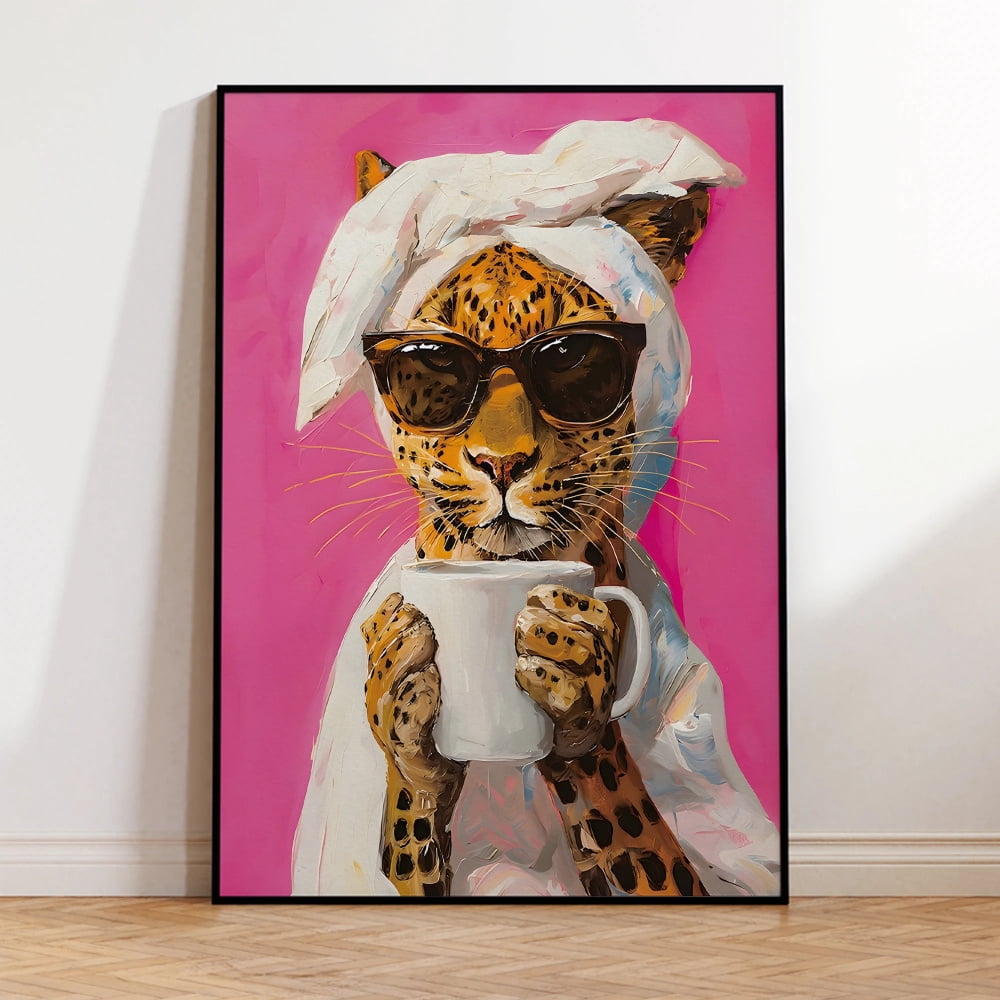 Modern Leopard Drinking Morning Coffee Colorful Dopamine Prints Canvas ...