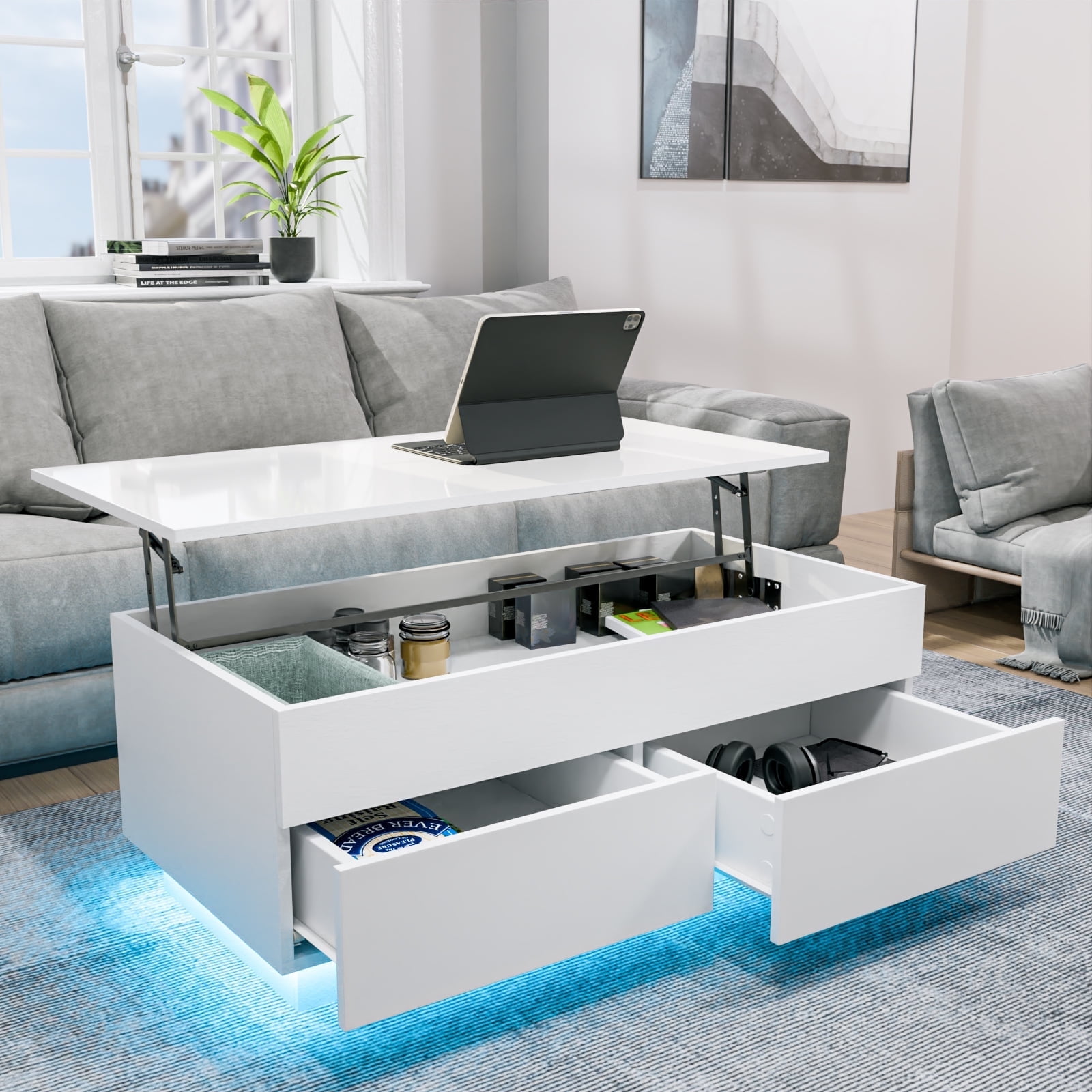 Modern Lift Top Coffee Table with Hidden Compartment LED Coffee Table ...