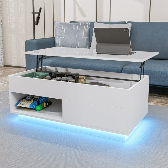 Modern Lift Top Coffee Table with Hidden Compartment LED Coffee Table ...