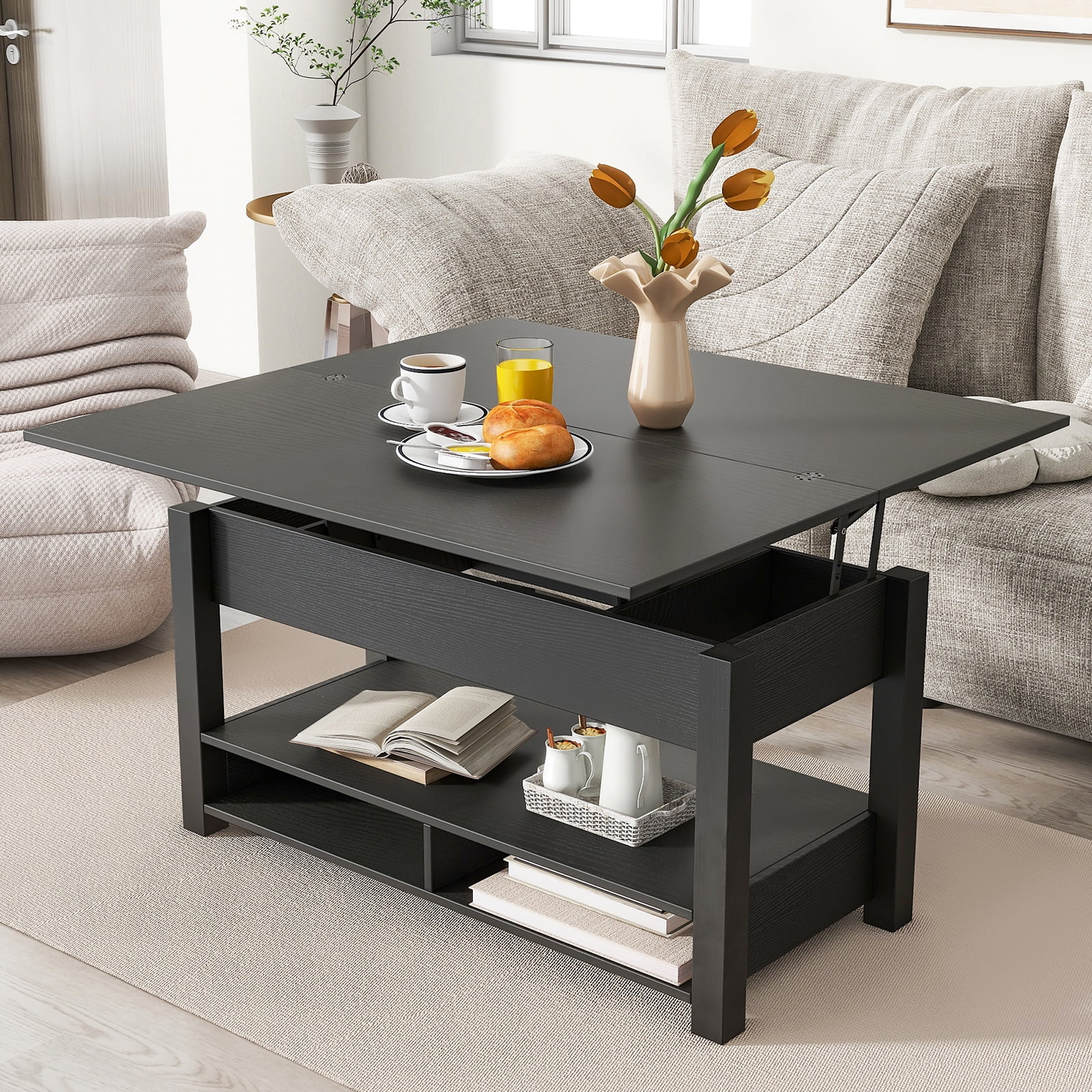 Modern Lift Top Coffee Table With Open Storage Shelf Wooden Lift ...