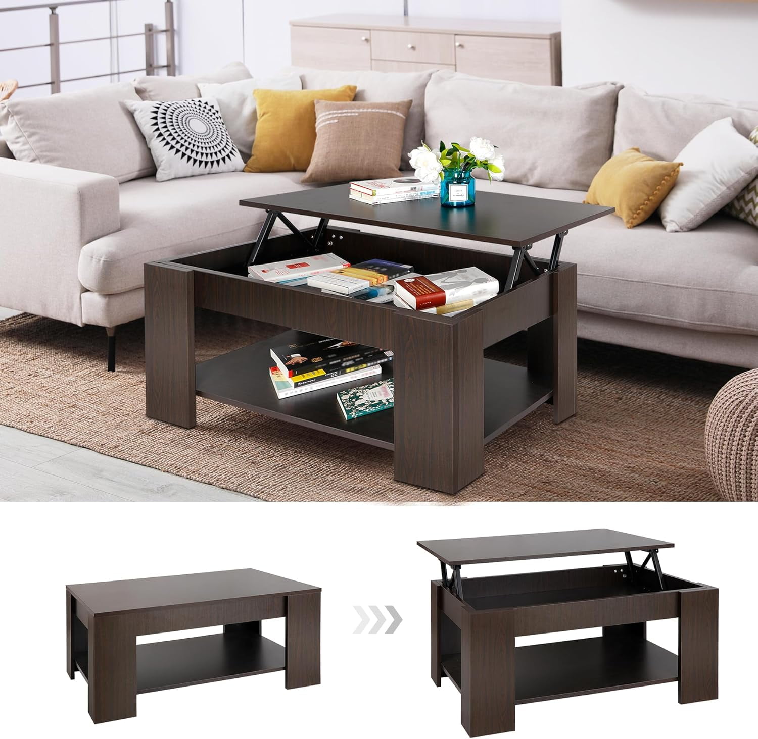 Modern Lift Top Coffee Table w/Hidden Compartment and Storage Shelves ...