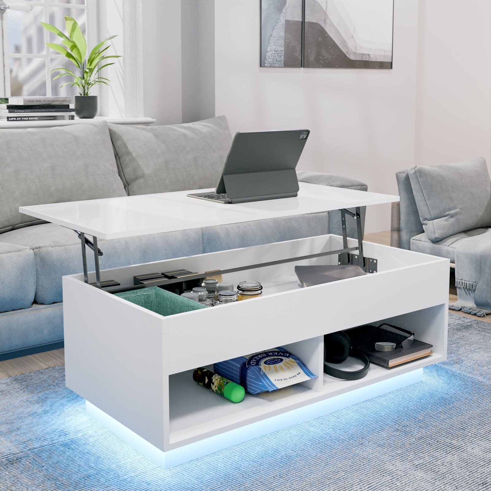 Modern Lift Top Coffee Table with Hidden Compartment LED Coffee Table ...