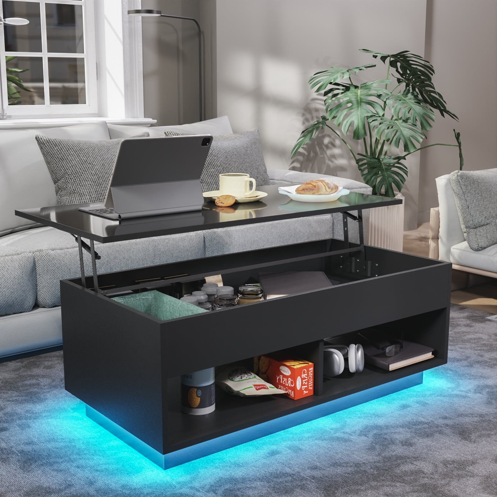 Modern Lift Top Coffee Table with Hidden Compartment LED Coffee Table ...