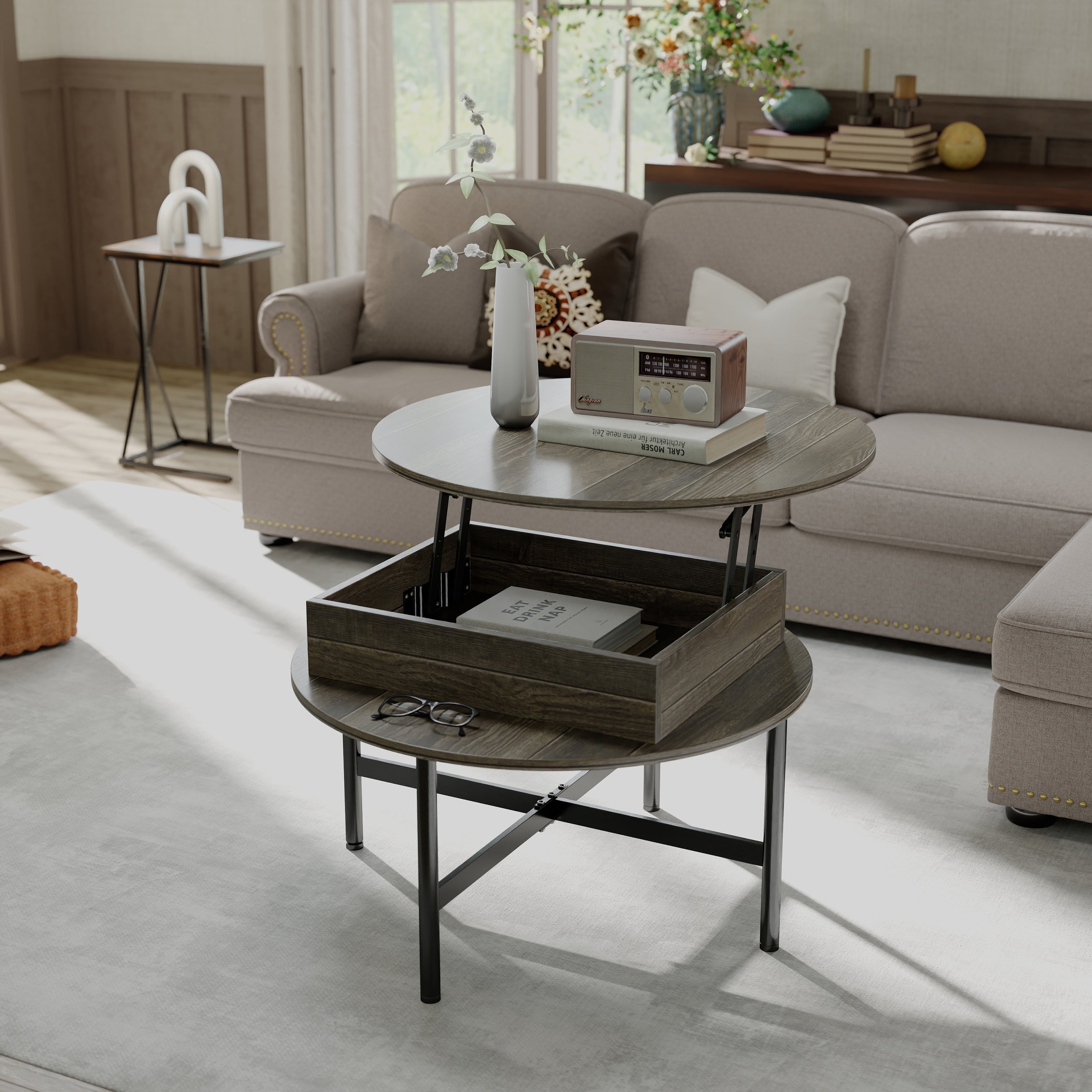 Manxile Modern Lift Top Coffee Table with Storage, Round Center Tables ...