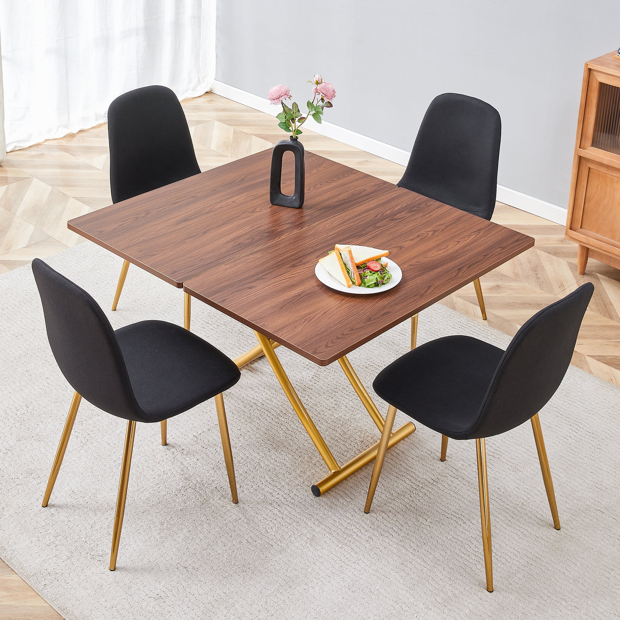 Modern Lift Top Dining Table Set with 4 Black Chairs - Wood Grain MDF ...