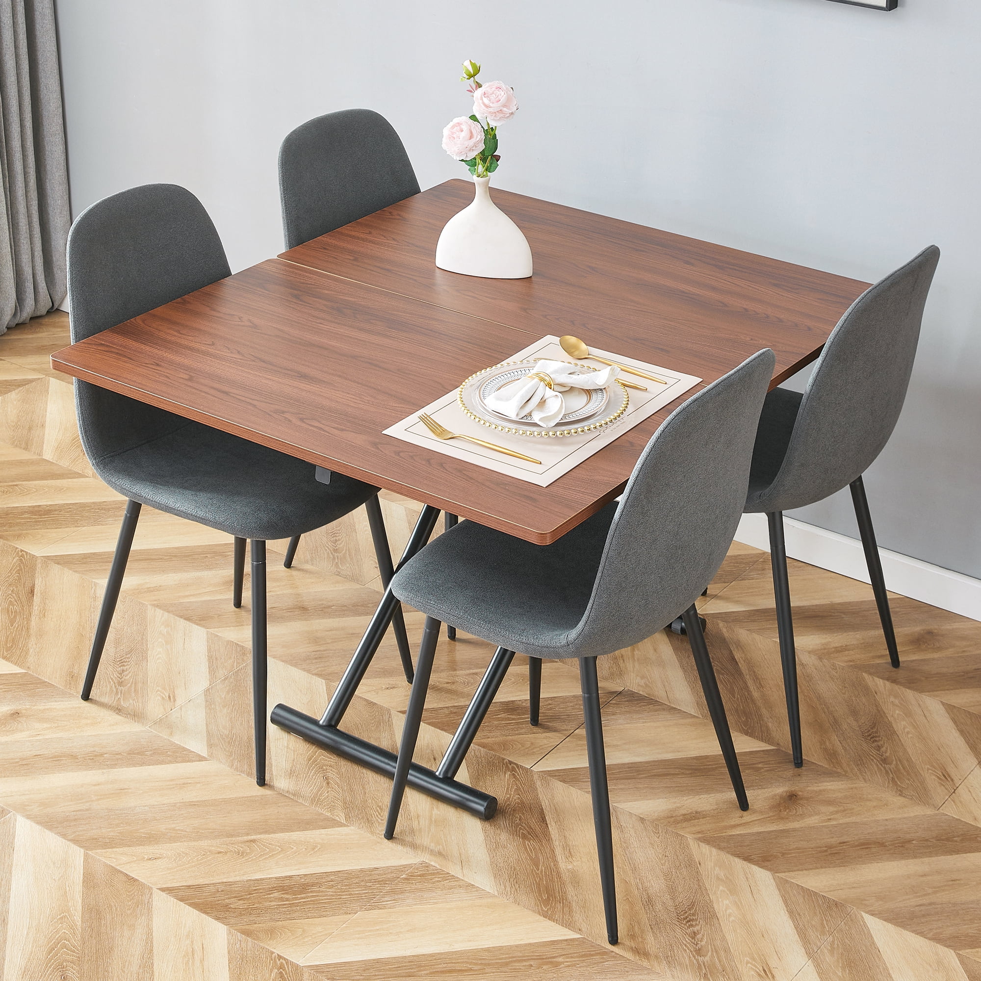 Modern Lift Top Dining Table Set - 4 Dark Gray Chairs, Walnut MDF ...