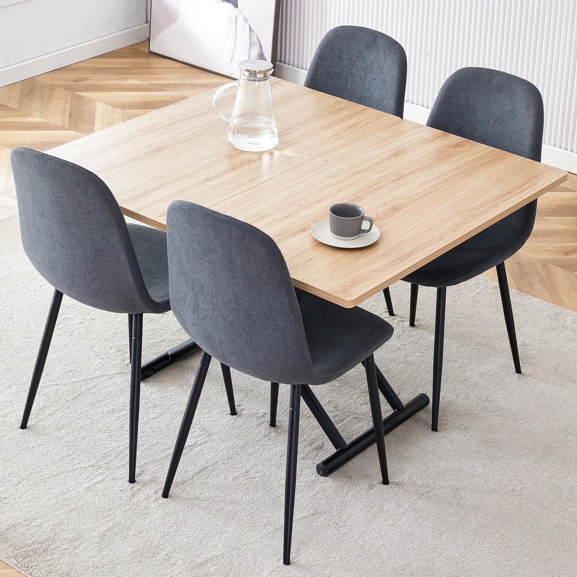 Modern Lift-Top Dining Table Set for 4 - Dark Gray Linen Chairs, Light ...