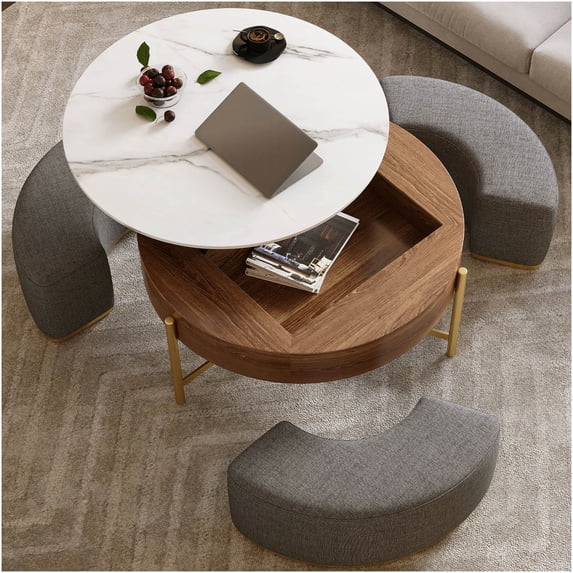Modern Lift-Top Round Coffee Table with 3 Ottomans, Hidden Storage ...