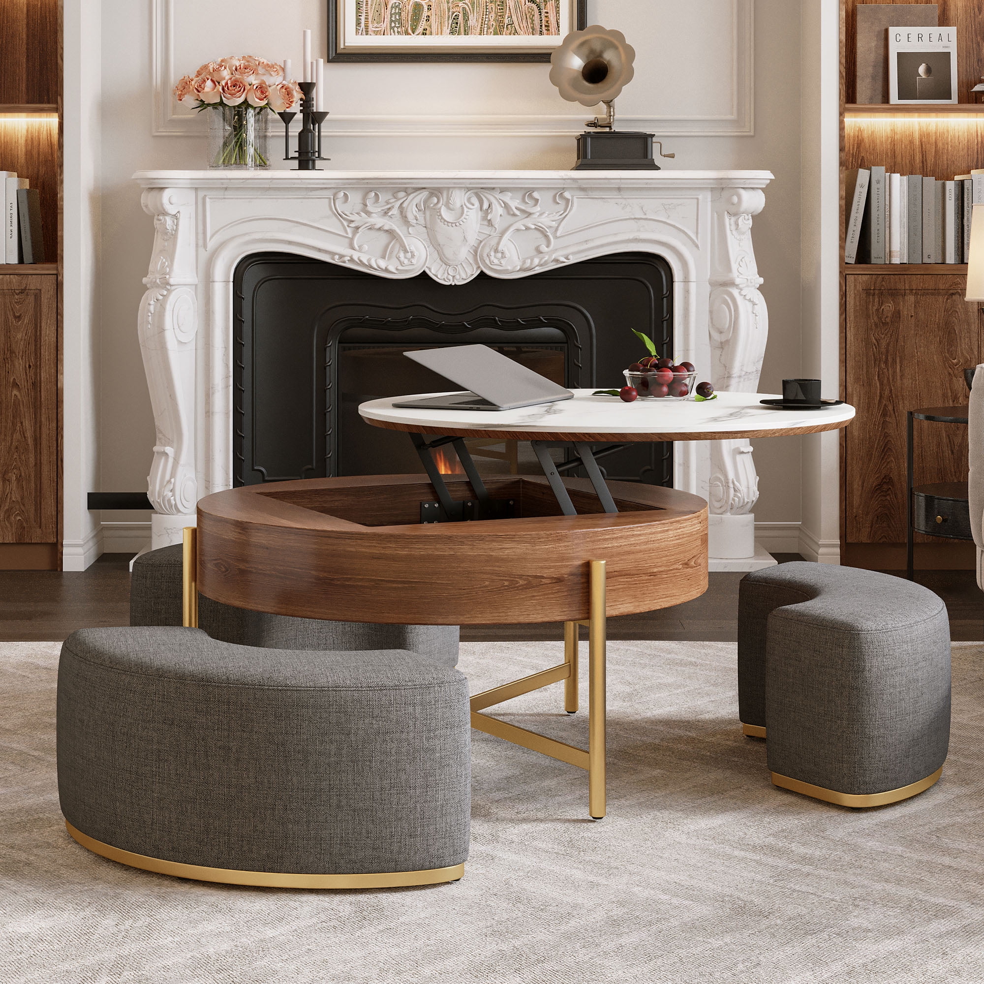 Modern Lift-Top Round Coffee Table with Hidden Storage, Walnut Veneer ...