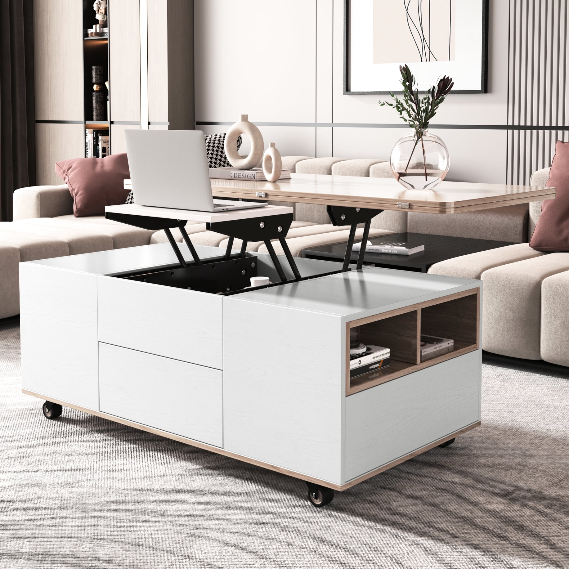 Modern Lift Top Table In Walnut & White, Convenient For Various Uses ...