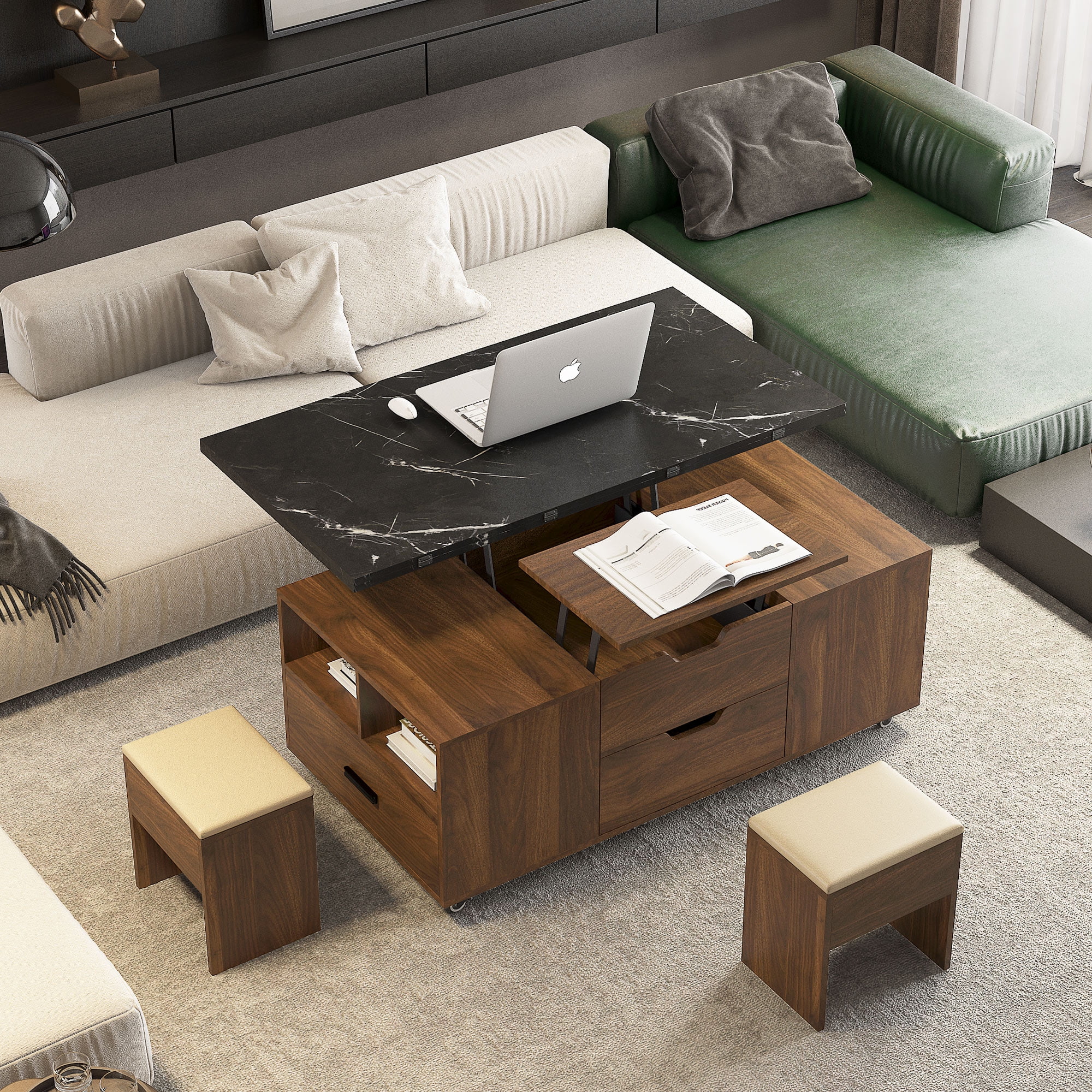 Modern Lift-Up Coffee Table with 2 Stools Set for Living Room ...