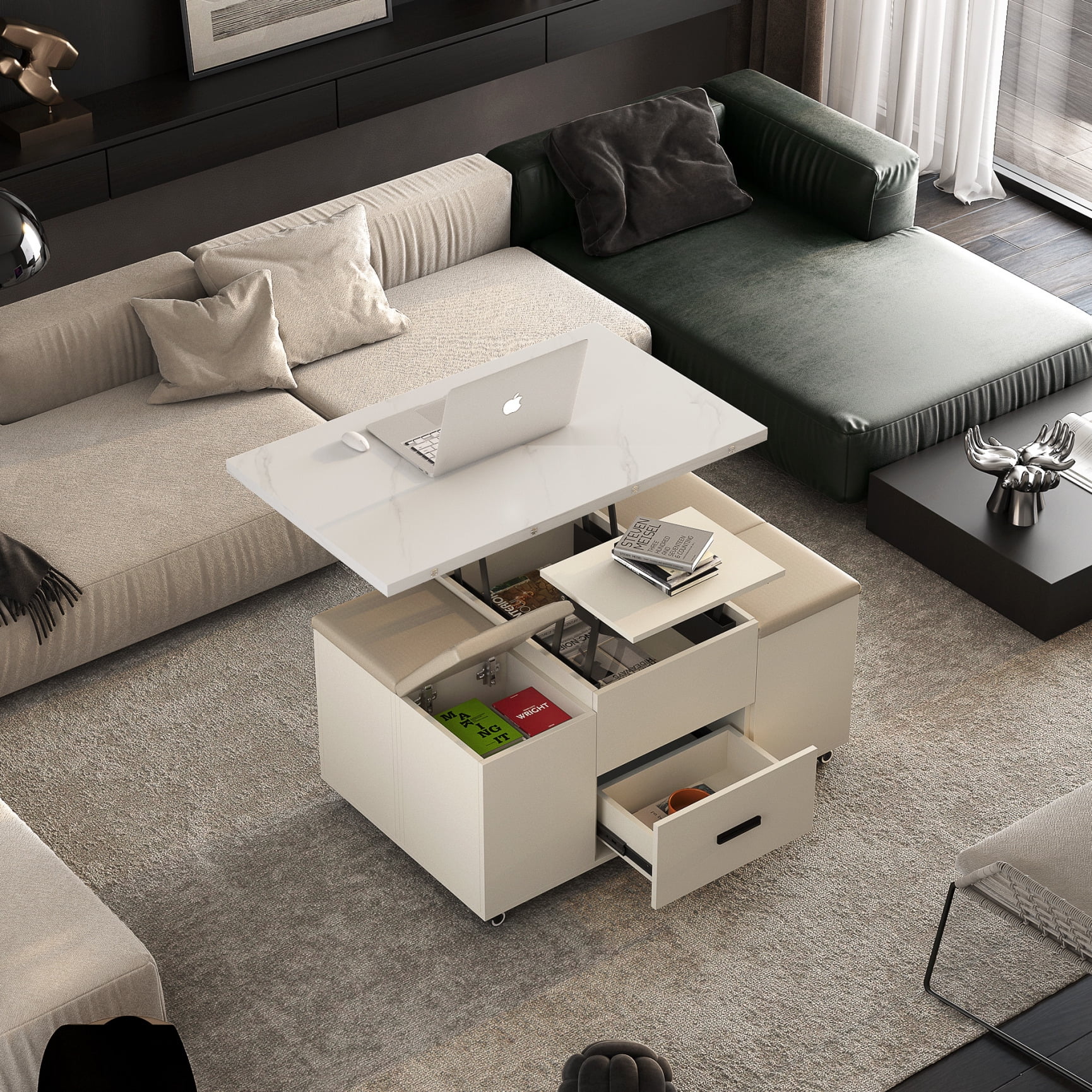 Modern Lift Up Coffee Table with 4 Stools Set Folding Dining Table with Expandable Hidden Storage and 2 Drawers for Living Room