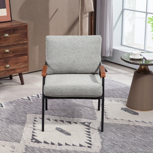 Modern Light Gray Upholstered Accent Chair with Natural Wood Armrests ...