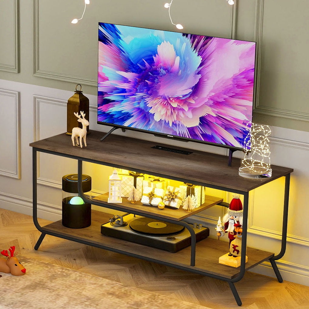 Modern Light Grey TV Stand with LED Lights and Power Outlets for 40-55 ...