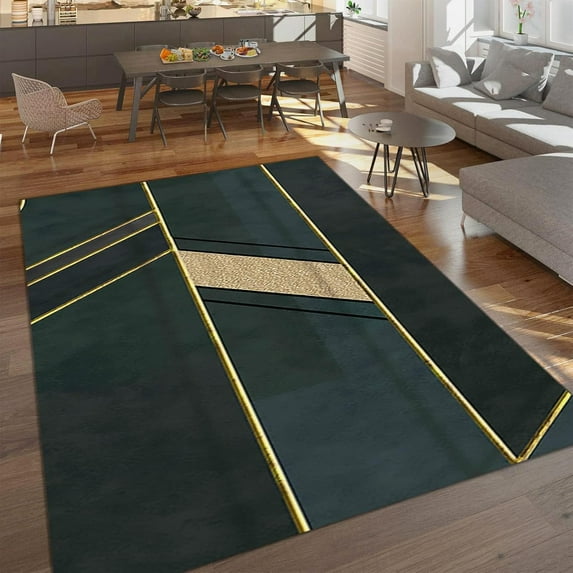 Modern Light Luxury Area Rug, Dark Green Gold Geometric Print Carpet ...