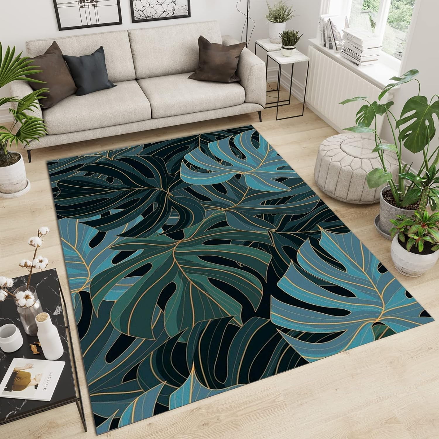 Modern Light Luxury Area Rug, Green Monstera Leaves Print Carpet, With Anti-Slip Easy Clean ...