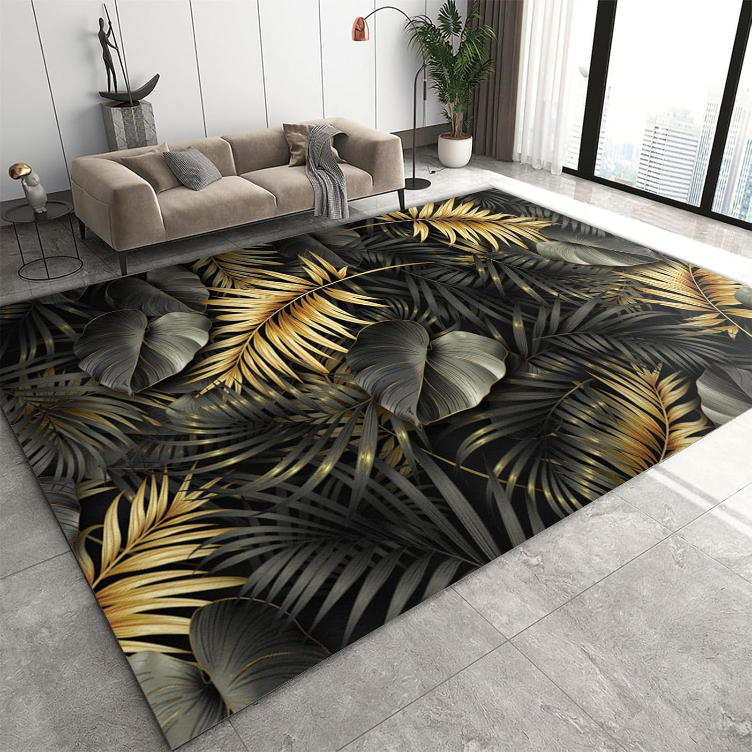 Modern Light Luxury Black Gold Carpet for Living Room, Rainforest Plant ...
