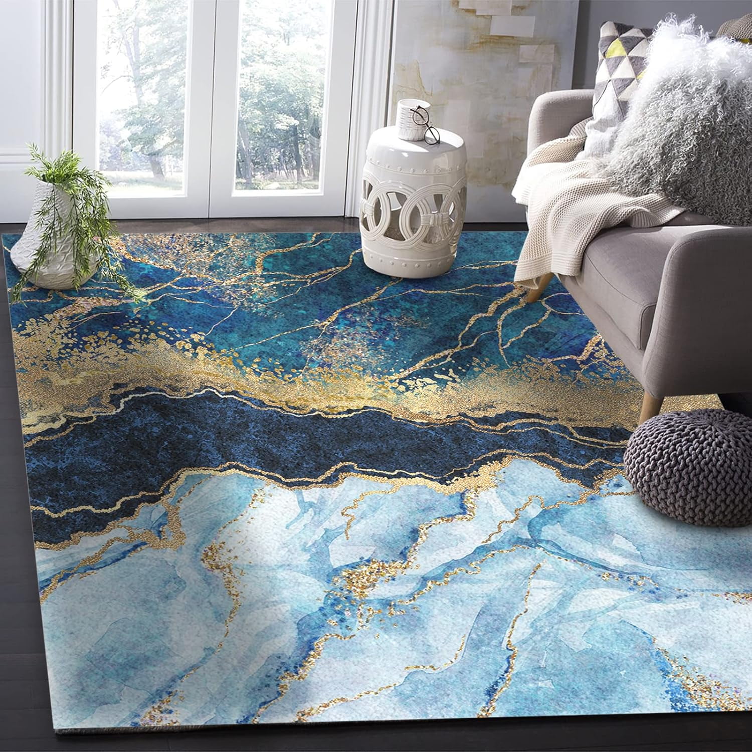 Modern Light Luxury Blue And Gold Area Rug, Abstract Marble Indoor Non ...
