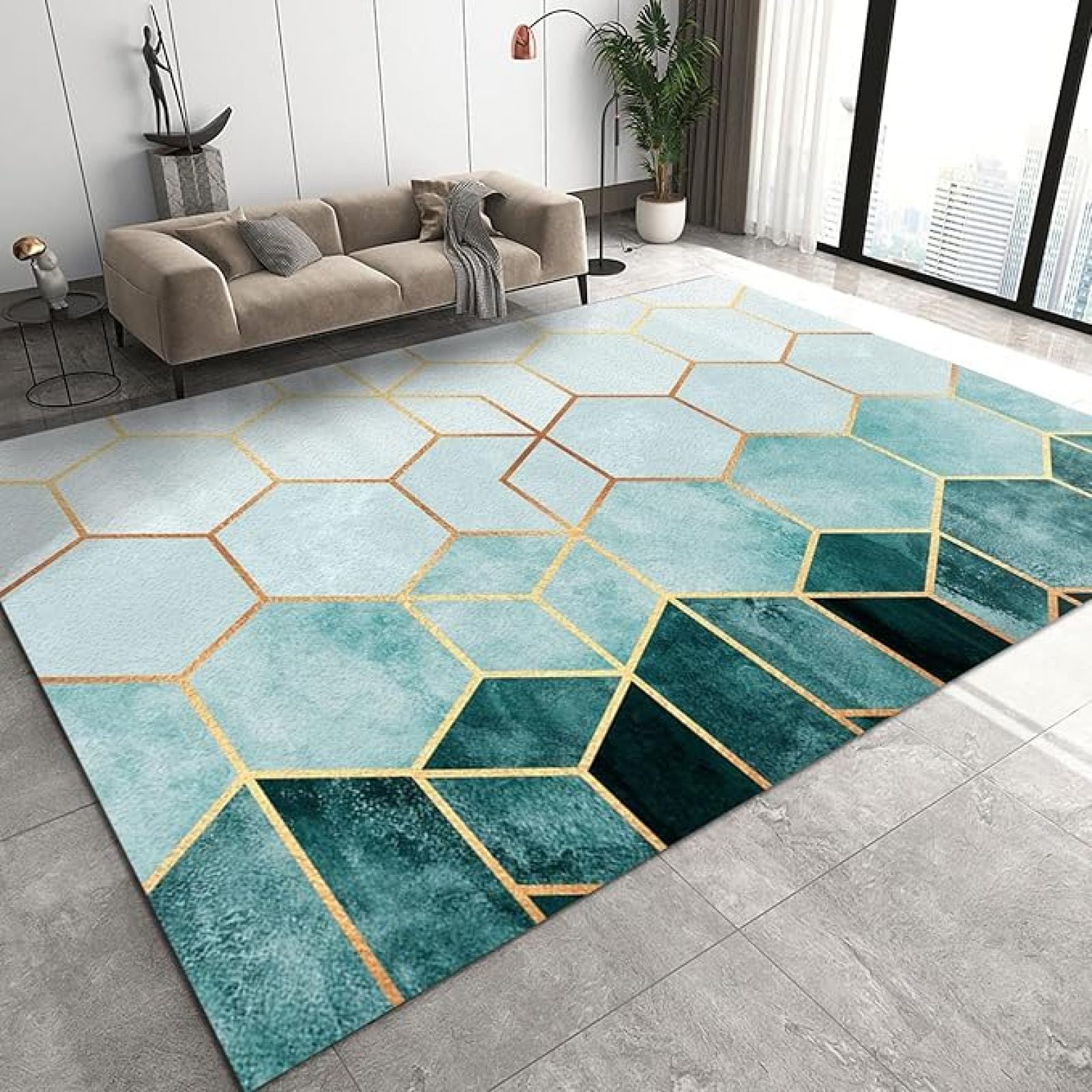Modern Light Luxury Green Gradient Art Carpet, Abstract Golden Hexagon ...