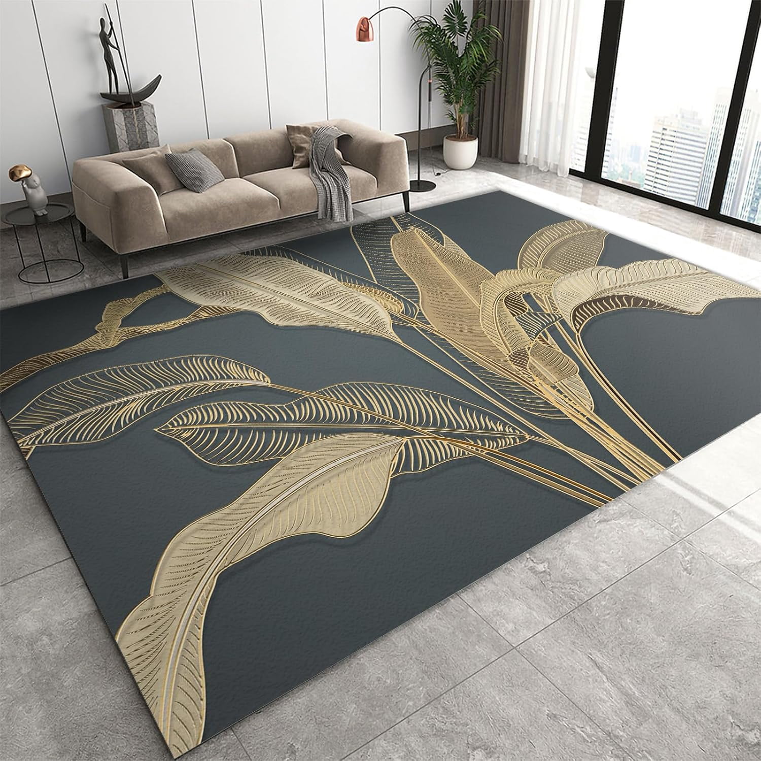 Modern Light Luxury Washable Area Rugs, Golden Tropical Plants Banana ...