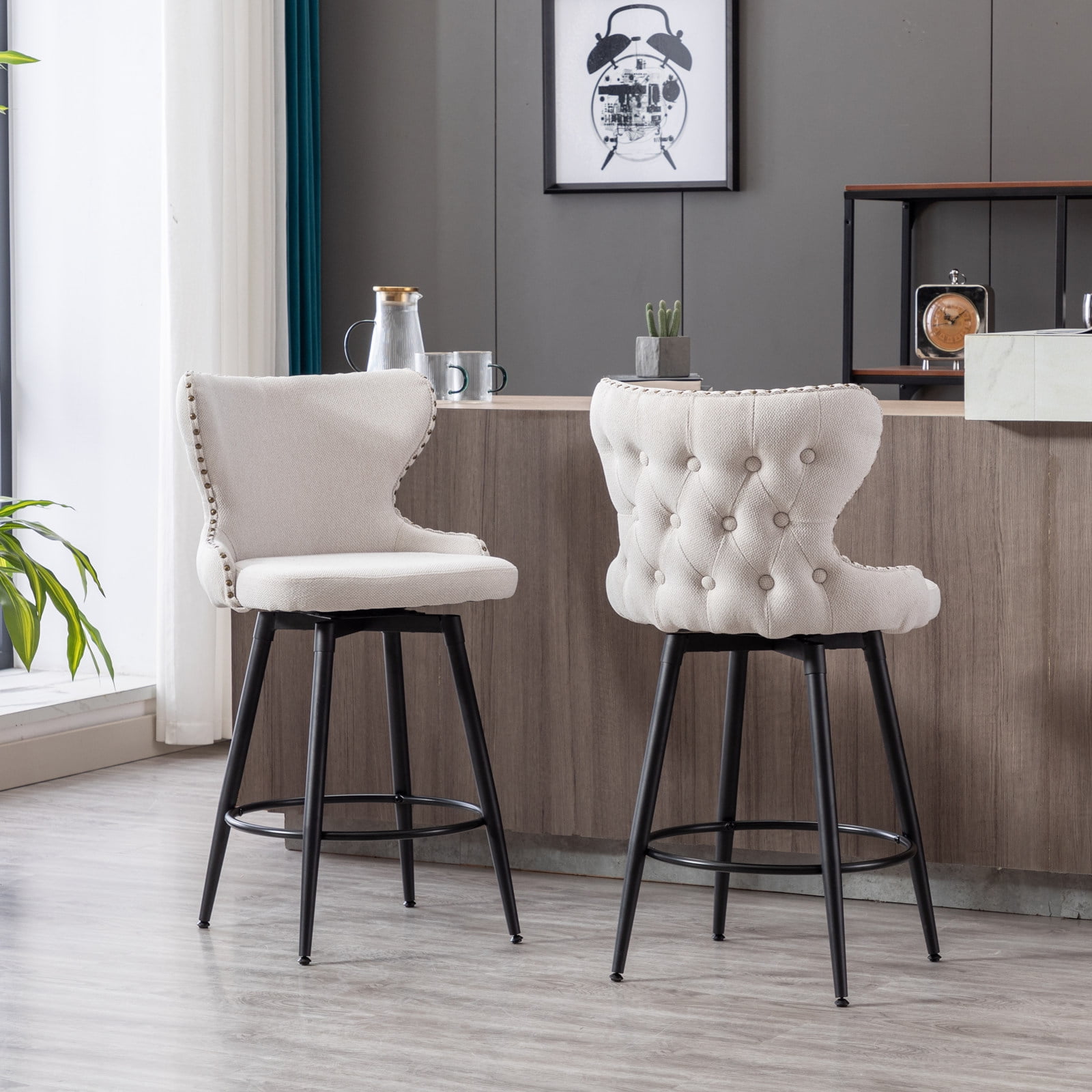 Modern Linen Bar Stools Upholstered Button Tufted Counter Stools with ...