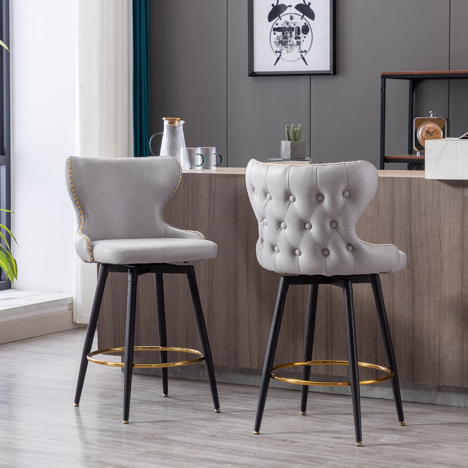 Modern Linen Bar Stools Upholstered Button Tufted Counter Stools with ...