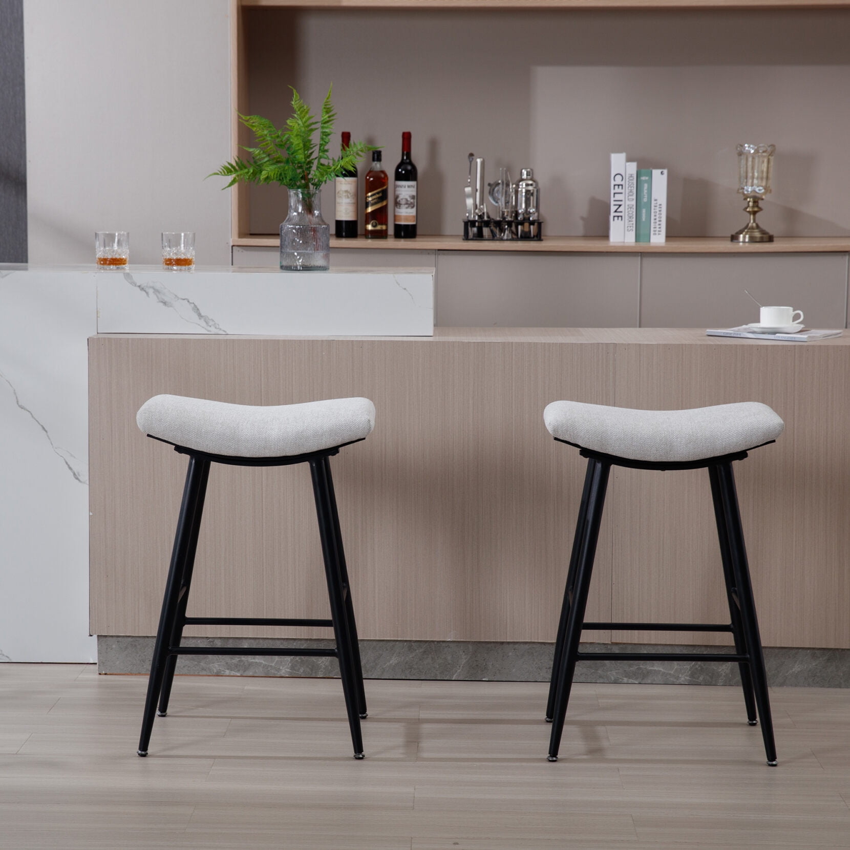 Modern Linen Barstools Set of 2, Comfy Bar Stools with 4 Adjustable ...