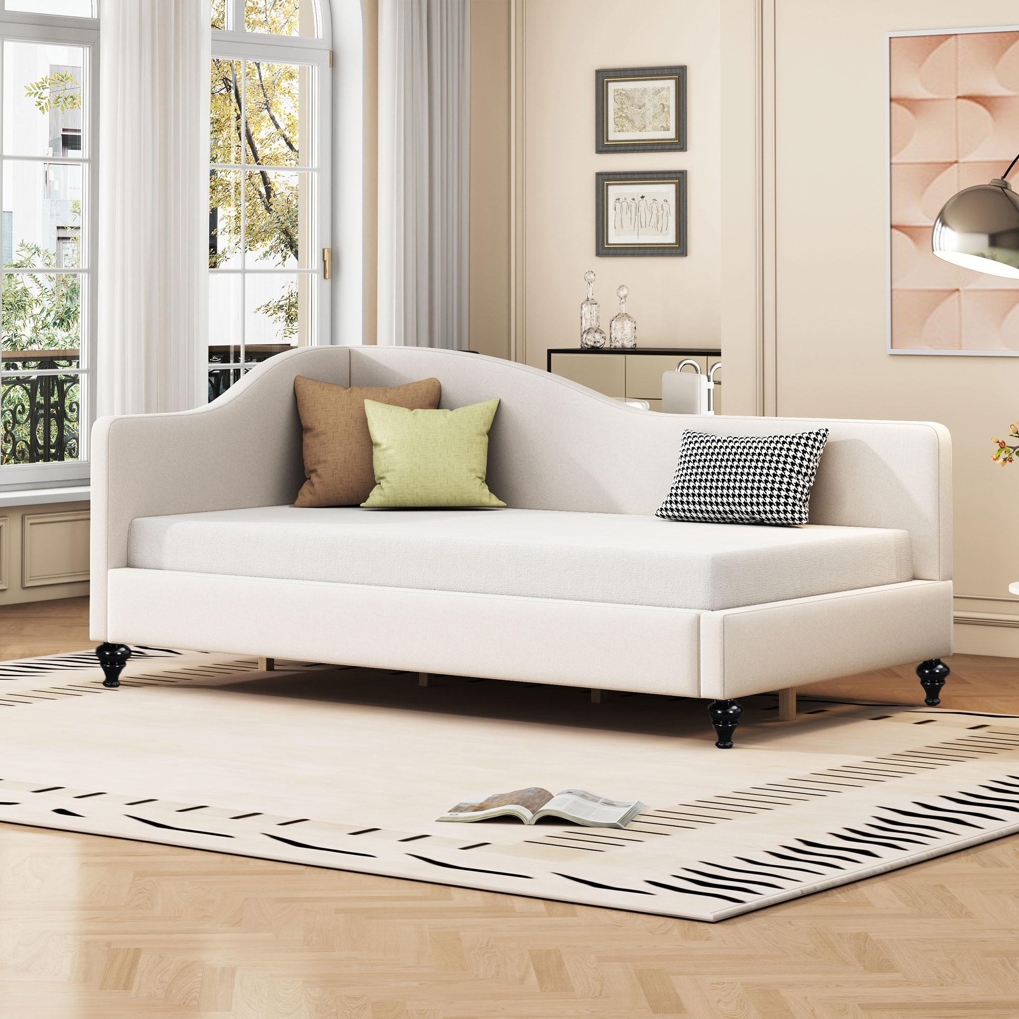 Modern Linen Daybed, L-Shaped Semi-Enclosed Sofa Bed, Curved Arms ...