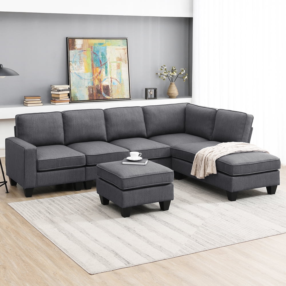 Modern Linen Fabric Sectional Sofa with Storage Ottoman, 7-Seat L-Shape Couch Set with Chaise ...