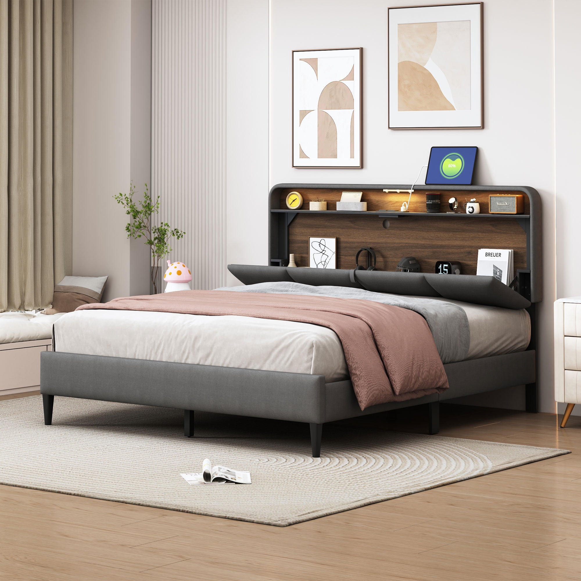 Modern Linen Fabric Upholstered Queen Size Platform Bed with Storage ...